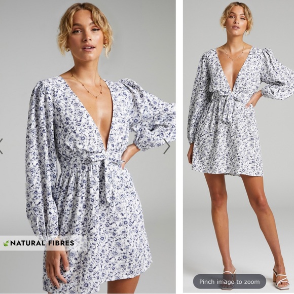 Showpo. | Dresses | Nwt Showpo White Blue Floral Plunge Neck Long ...